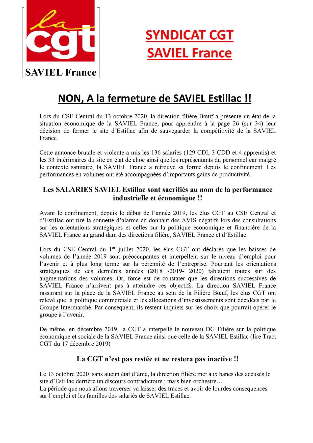 Non à la fermeture de SAVIEL Estillac - CGT NA