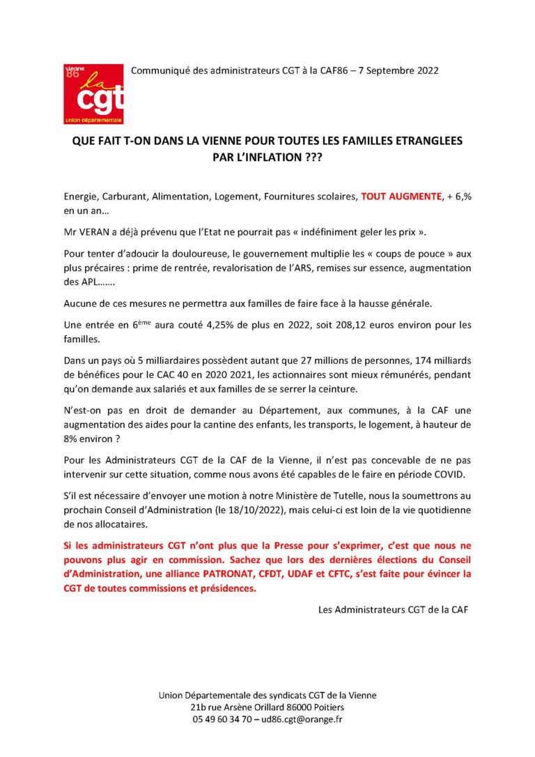 Communiqué des administrateurs CGT à la CAF86 – 7 Septembre 2022 - CGT Nouvelle Aquitaine