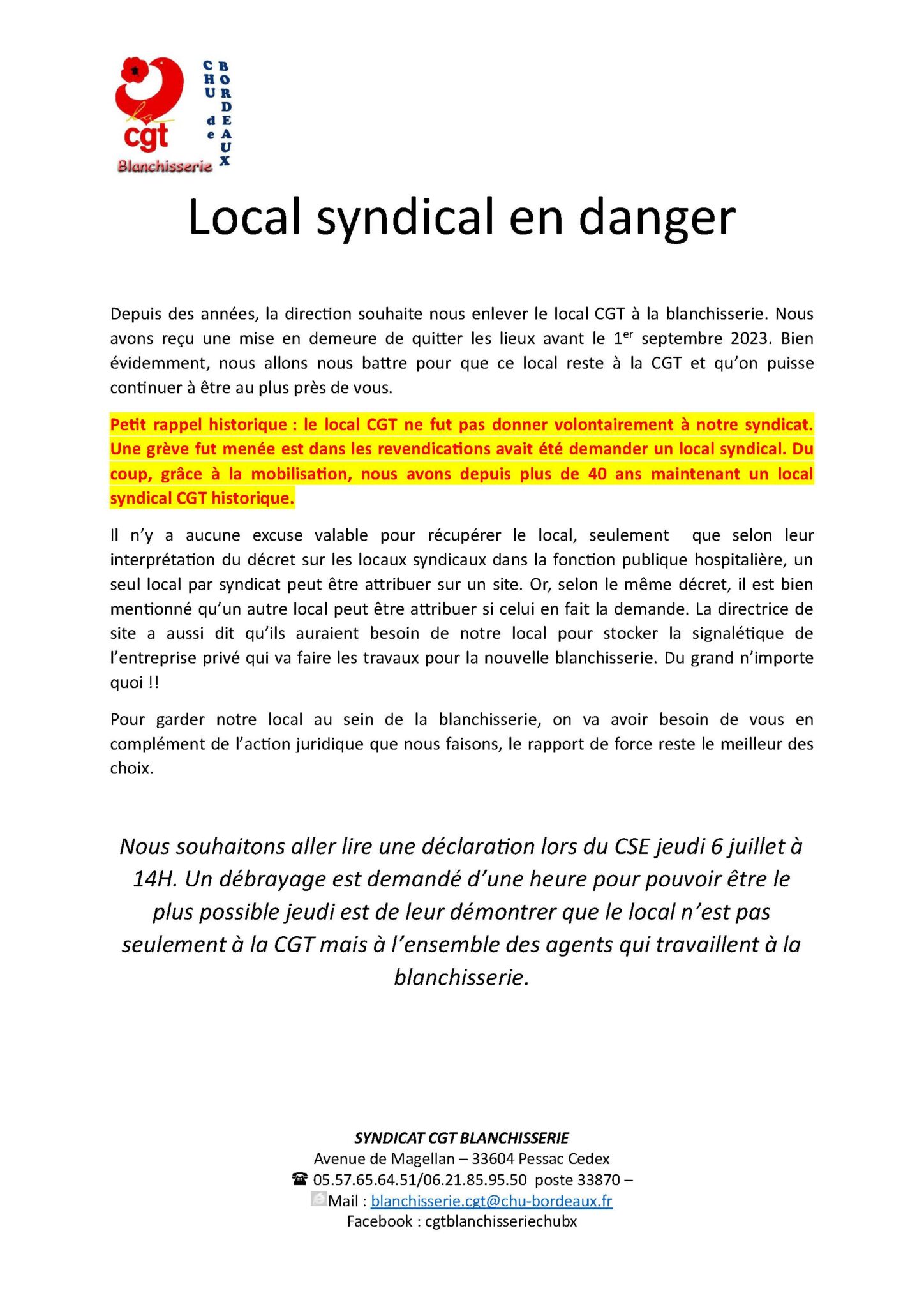 6 juillet : Local syndical en danger - RV à 14h - CGT Nouvelle ...